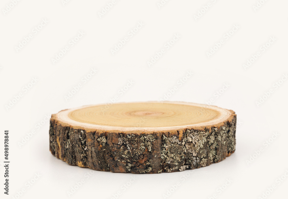 Wooden eco rustic pine tree wood circle disc platform podium on beige ...