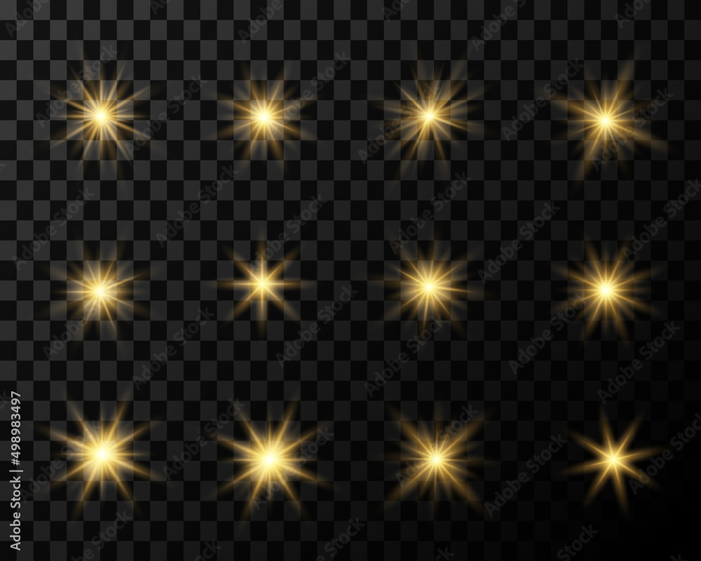 Set of golden stars, vector flashes with light on a transparent ...