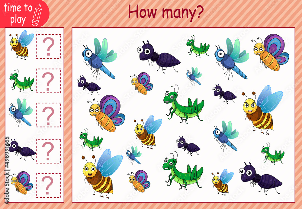children's educational game, task. count how many insects are in the ...