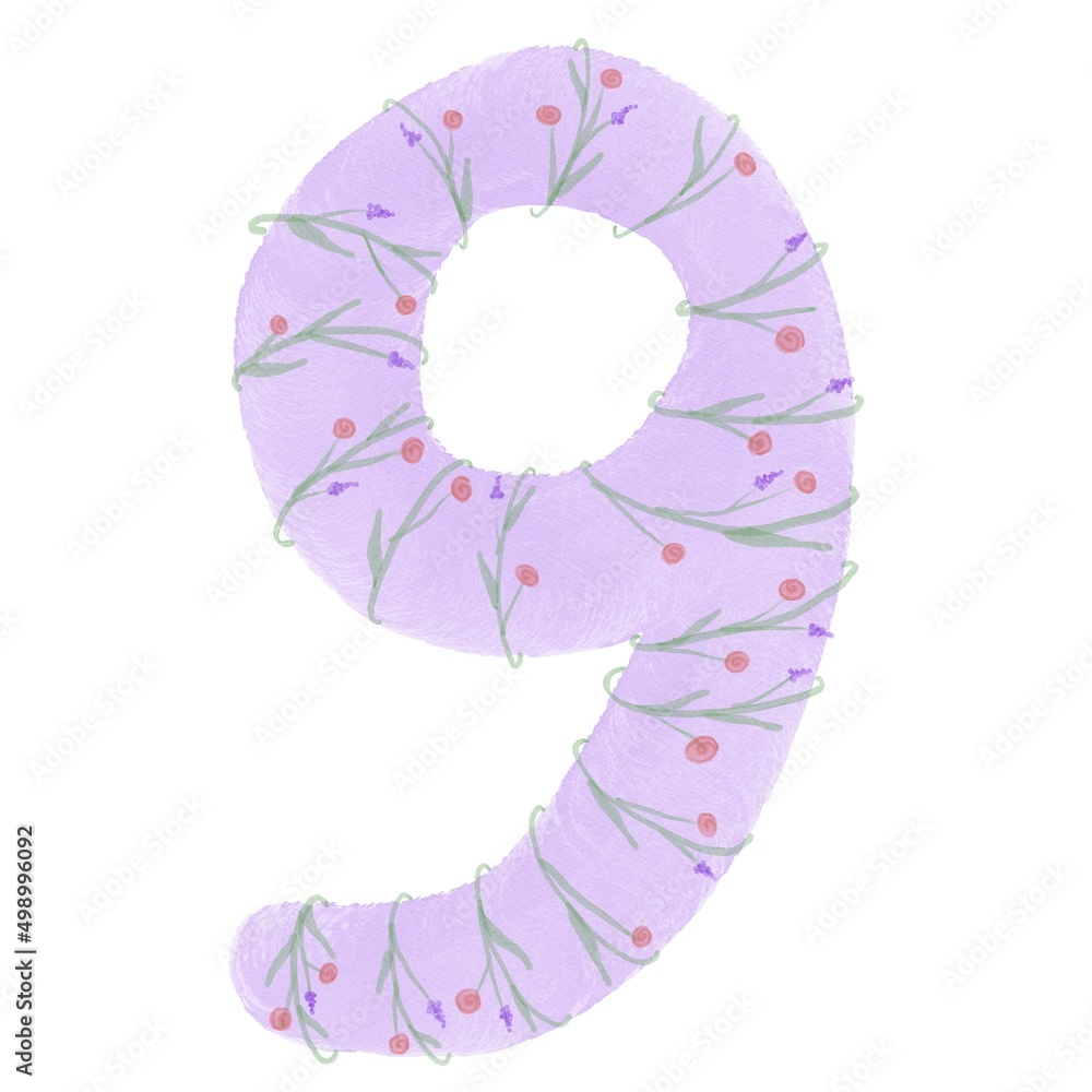 Cartoon pastel violet number nine with flowers on white background ...