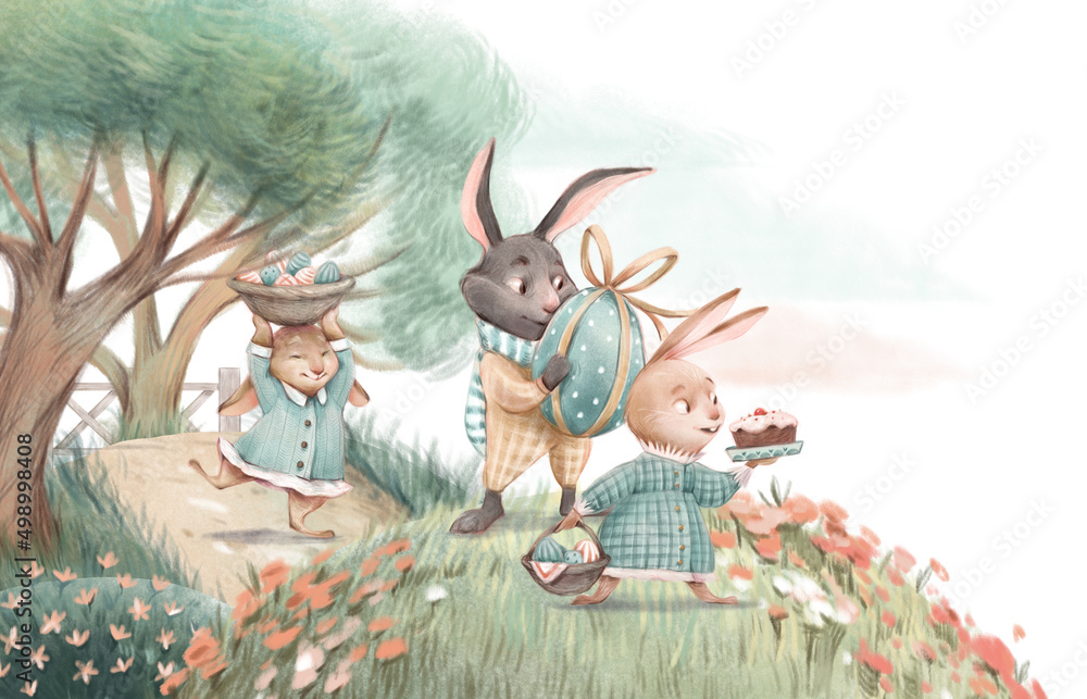 Cheerful cute rabbits celebrate Easter in the middle of a spring green ...