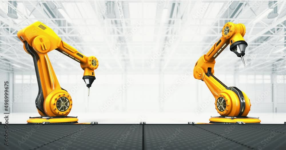 Two working robotic hands with moving conveyor belt at modern ...