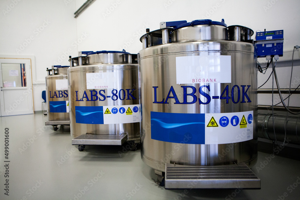 Nitrogen tanks to store stem cells from blood and umbilical cord. Stock ...