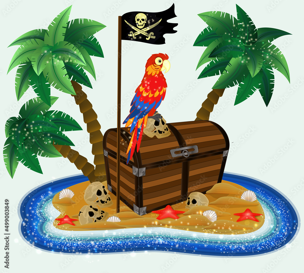 Vetor de Summer time card, tropical island with pirate skulls, treasure ...