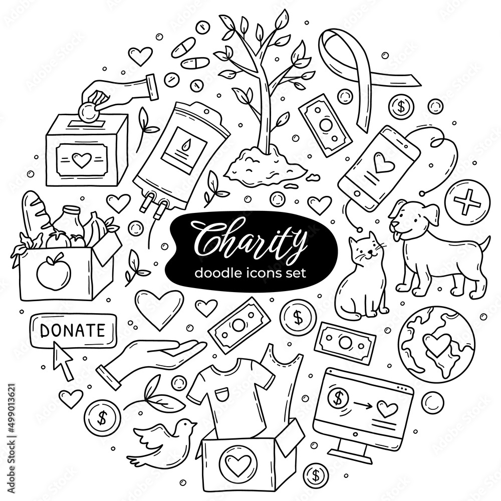 Charity and donations vector doodle icons set. Animal help, clothing ...