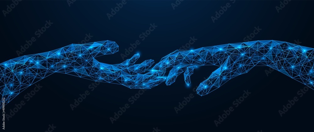 Touching the fingers of the hands to each other. Polygonal design. Blue ...