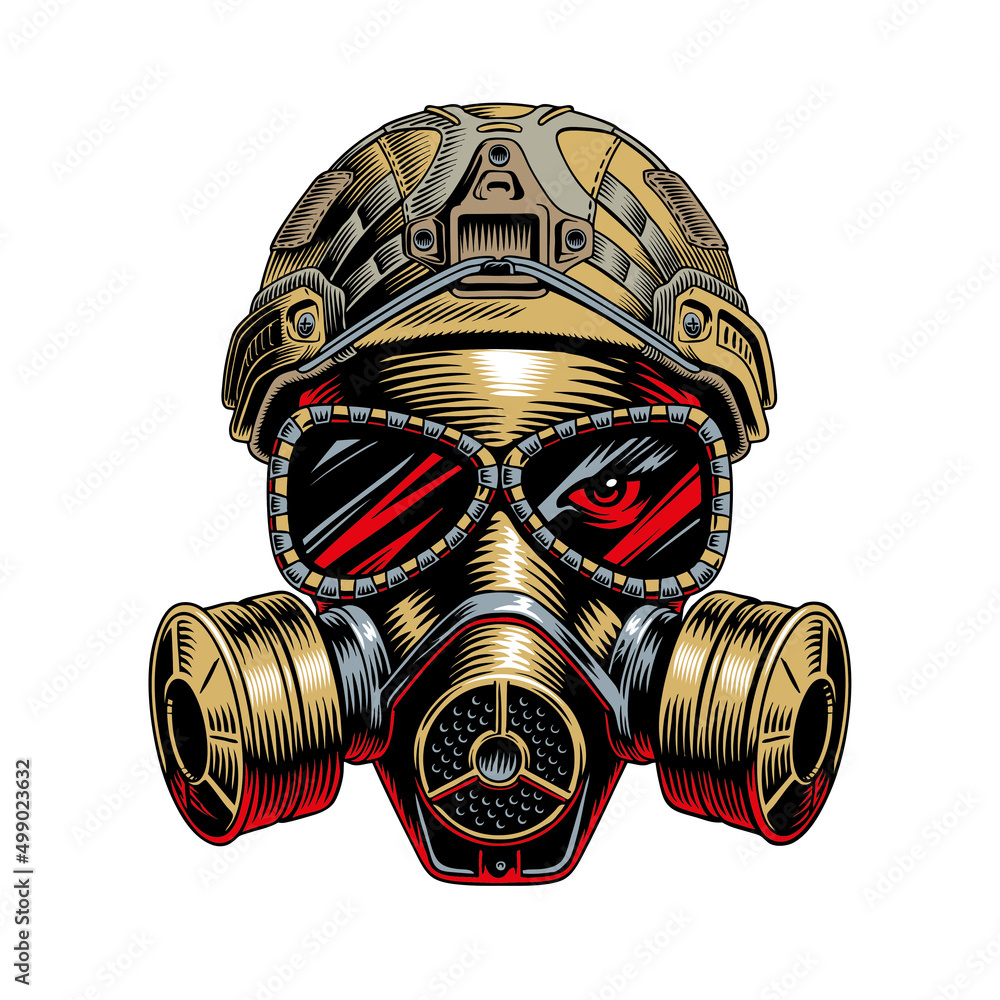 Gas mask and military tactical helmet isolated on white background ...