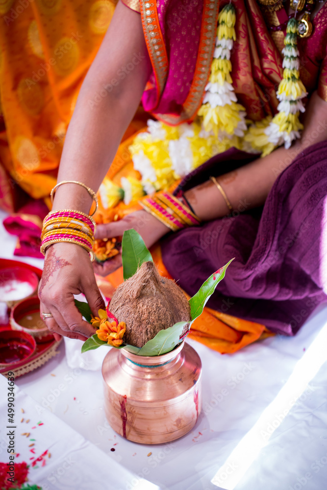 Indian Hindu wedding ceremony pooja ritual items close up Stock Photo ...