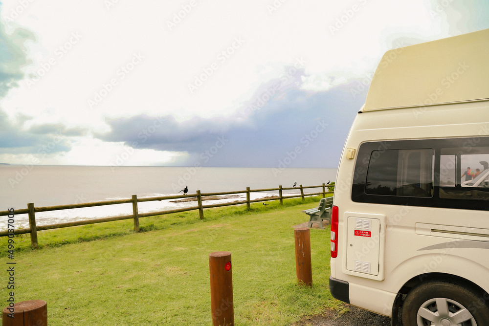 Rear end of campervan parked at Bennetts Head Lookout, Forster NSW ...