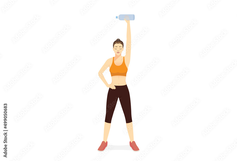 Women in akimbo pose doing Fitness. she substitutes a water bottle for ...