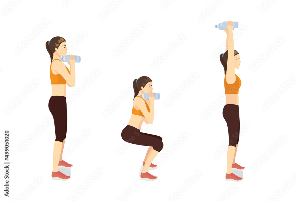 Sport Women doing Fitness with water bottle Squat and Overhead Press ...