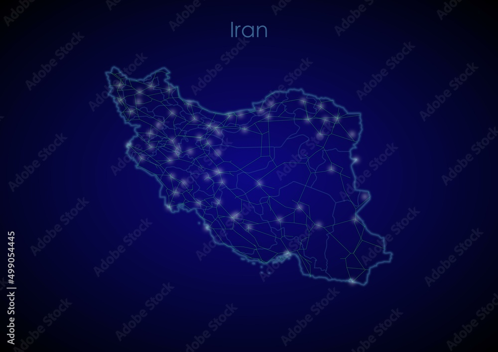 Iran concept map with glowing cities and network covering the country ...