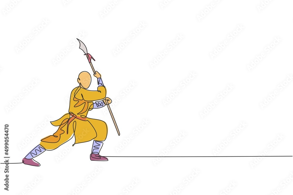 One single line drawing of young energetic shaolin monk man exercise ...
