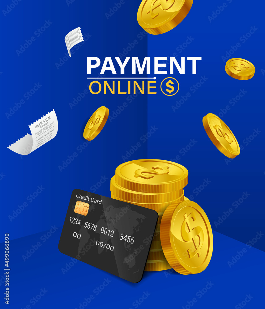 Credit card are placed on stacks of coin.Coin and bill float above ...