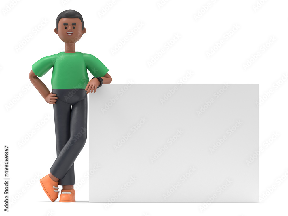 Portraits of cartoon characters stands with his body leaning against ...