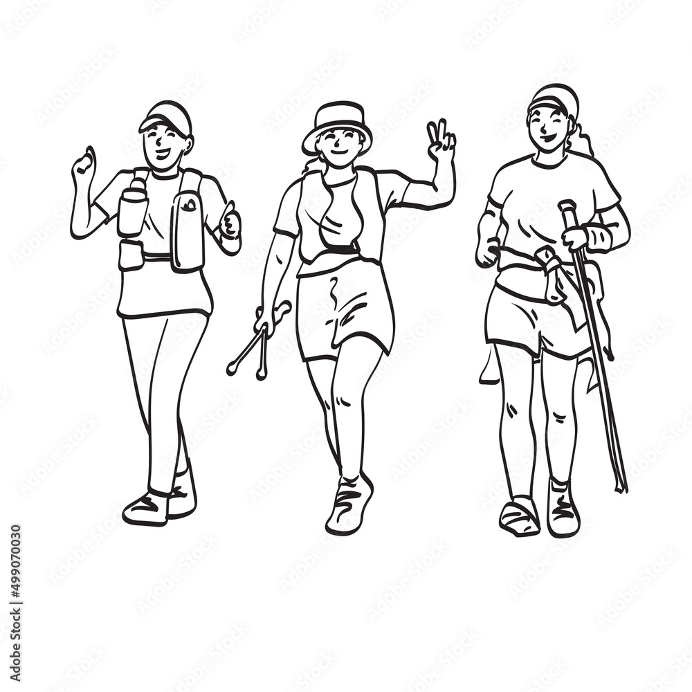 line art three female athlete runners with trekking poles running up ...