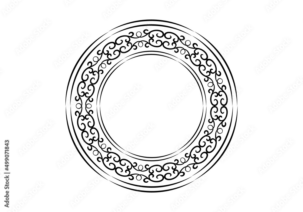 Black Decorative round frame for design with floral ornament. A ...