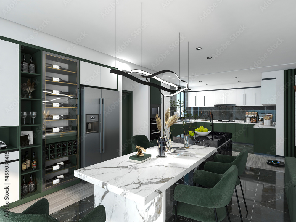 3D rendering, spacious dining room design next to the modern kitchen ...