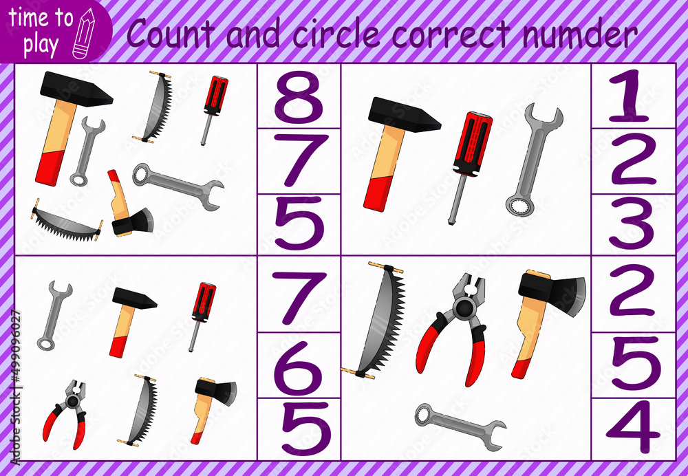 children's educational game, tasks. Count how many objects are in the ...