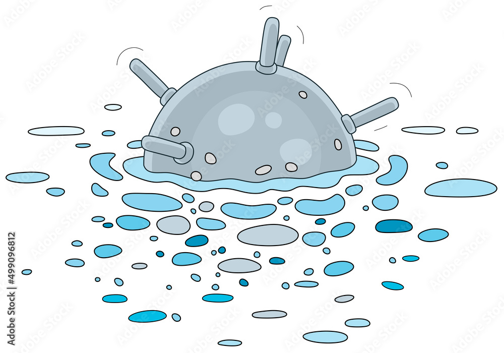 Poster Old unexploded naval mine floating in a sea, vector cartoon ...