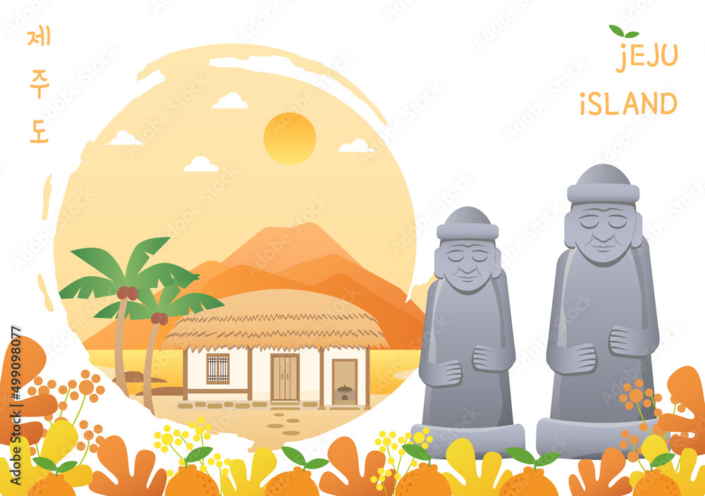 Vector illustration of Jeju Island landmarks. Dol hareubang, Jeju ...