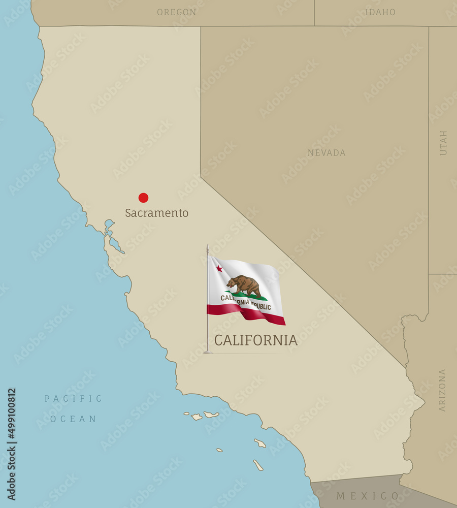 Map of California US state with waving flag. Highly detailed editable ...