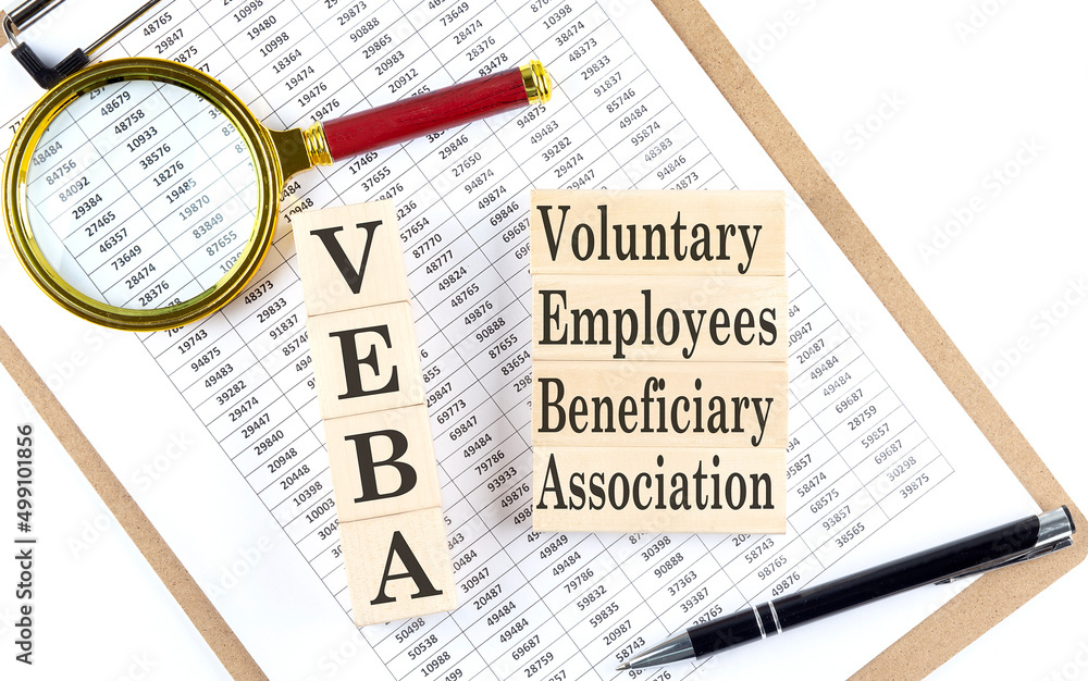 Voluntary Employees Beneficiary Association Plan VEBA text on wooden ...