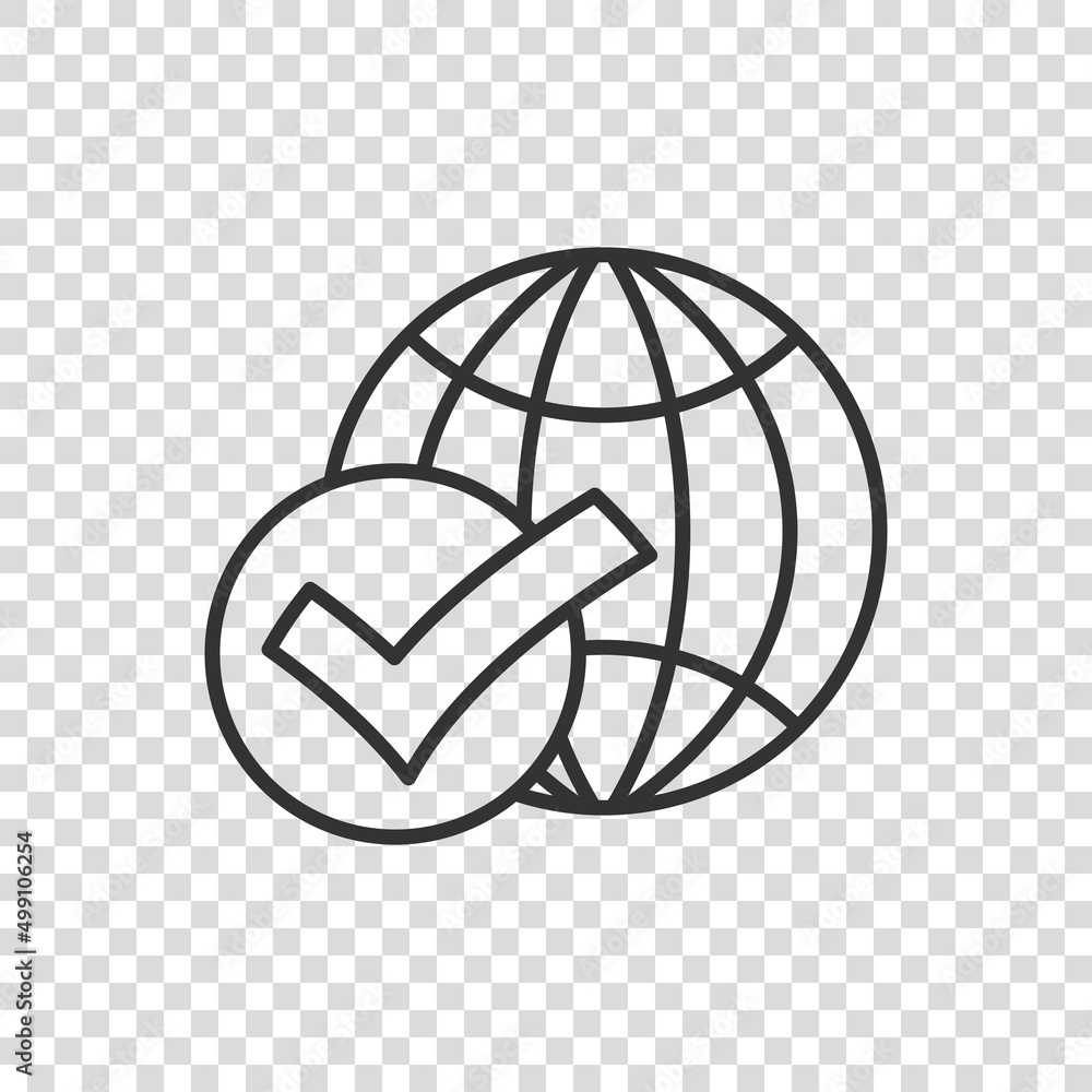 Globe check mark icon in flat style. World approval vector illustration ...
