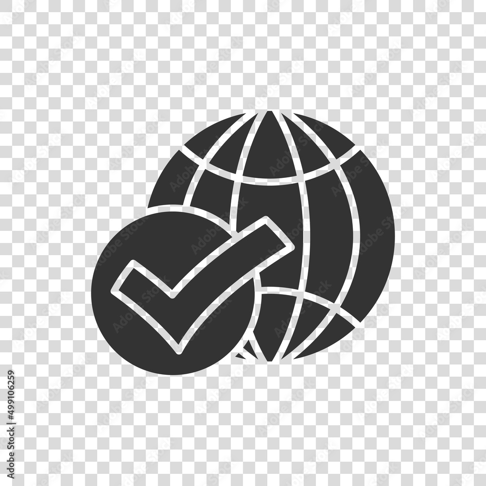Globe check mark icon in flat style. World approval vector illustration ...