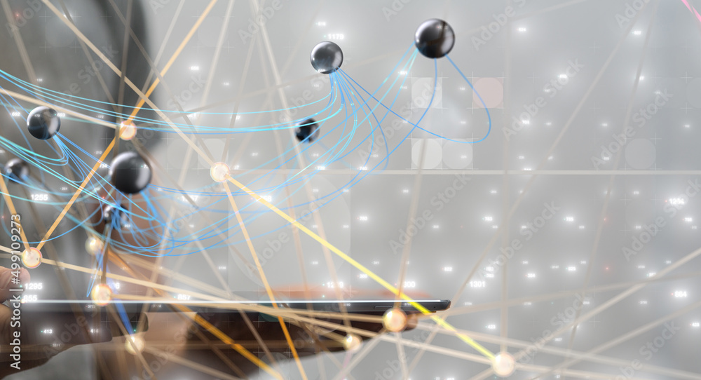 Global network. Blockchain. 3D illustration. Neural networks and ...