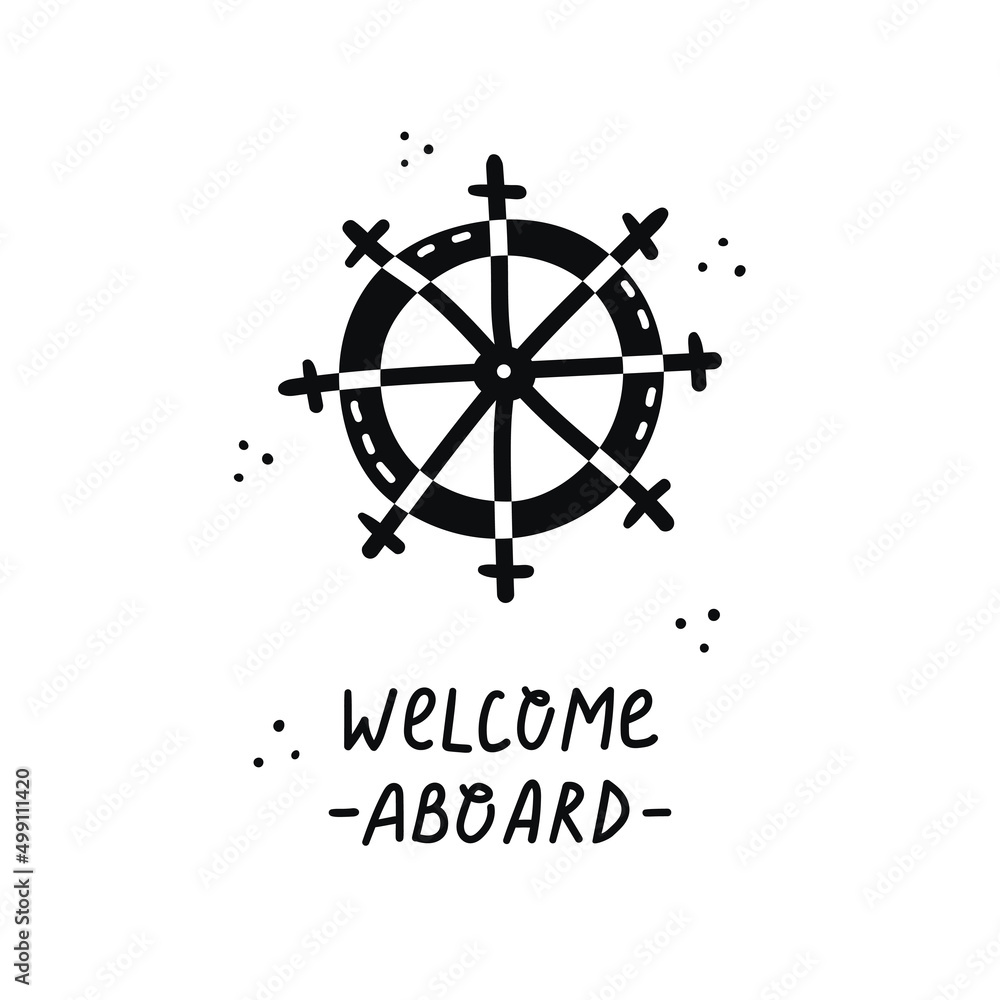 Vector illustration of the helm of a ship with a hand drawn lettering ...