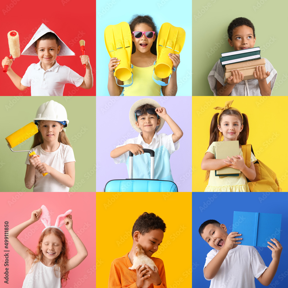 Collage with cute children on colorful background Stock Photo | Adobe Stock
