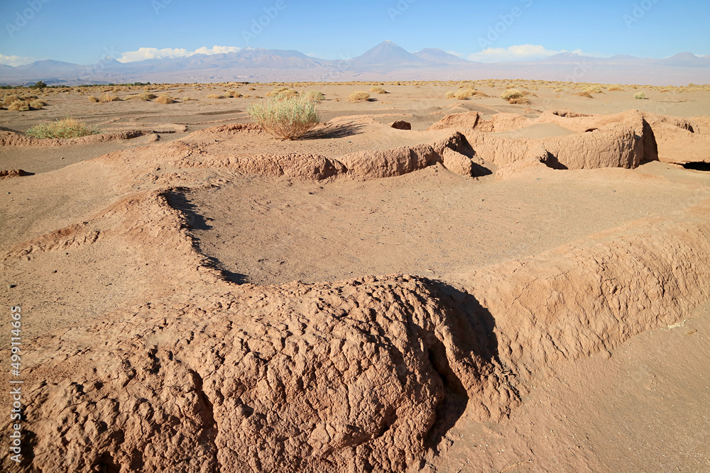 Ruins of Ancient Settlement of Aldea de Tulor with Licancabur Volcano ...