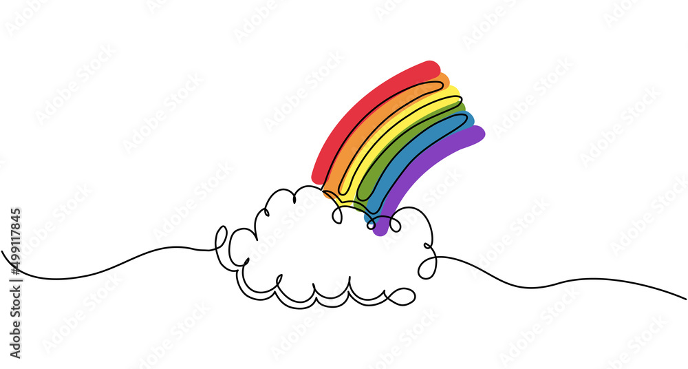 Continuous one line drawing of cloud and rainbow. Vector illustration ...