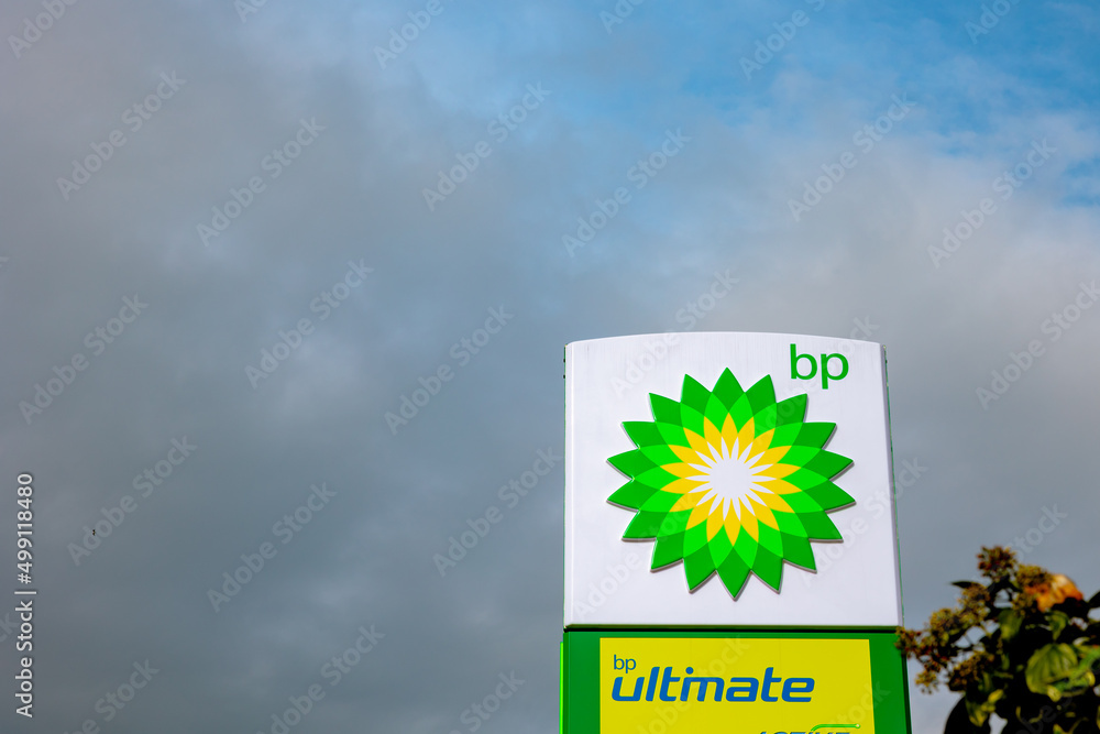 BP or British Petroleum Logo with copy space and cloudy sky on ...