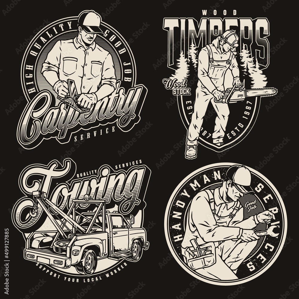 Manual work black and white emblems set Stock Vector | Adobe Stock