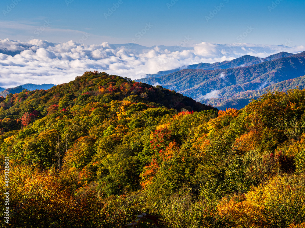 Mountain range with forest in fall colors with blue sky and low clouds ...