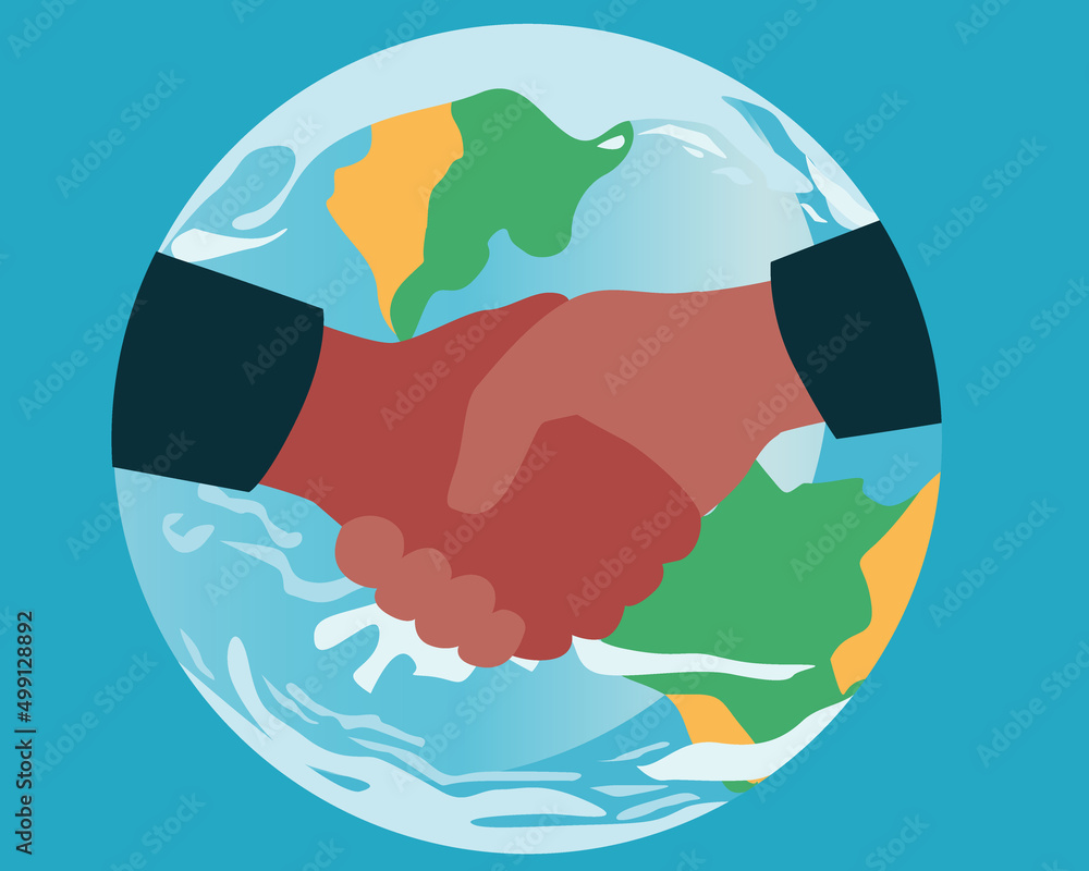 Handshake and planet Earth, flat vector stock illustration as concept ...