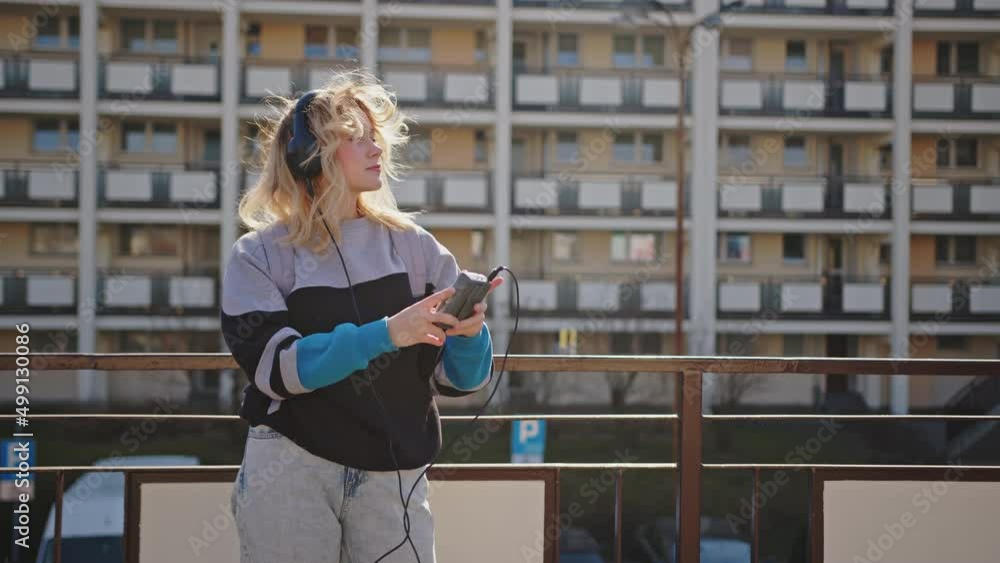 90s Style Concept - Young Blonde Girl With Backpack Listening On ...