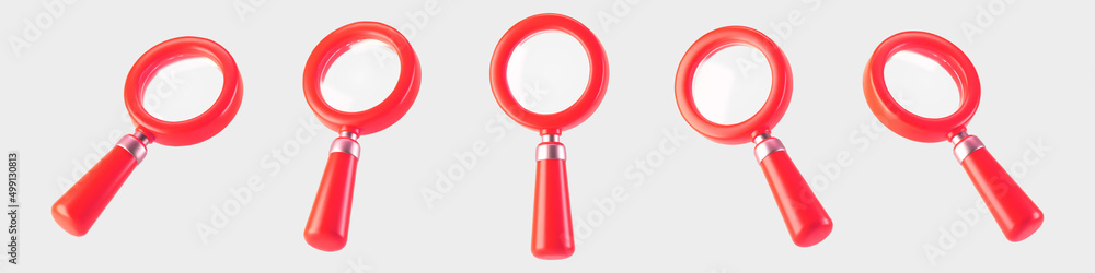 3d red magnifying glass icon set isolated on gray background. Render ...