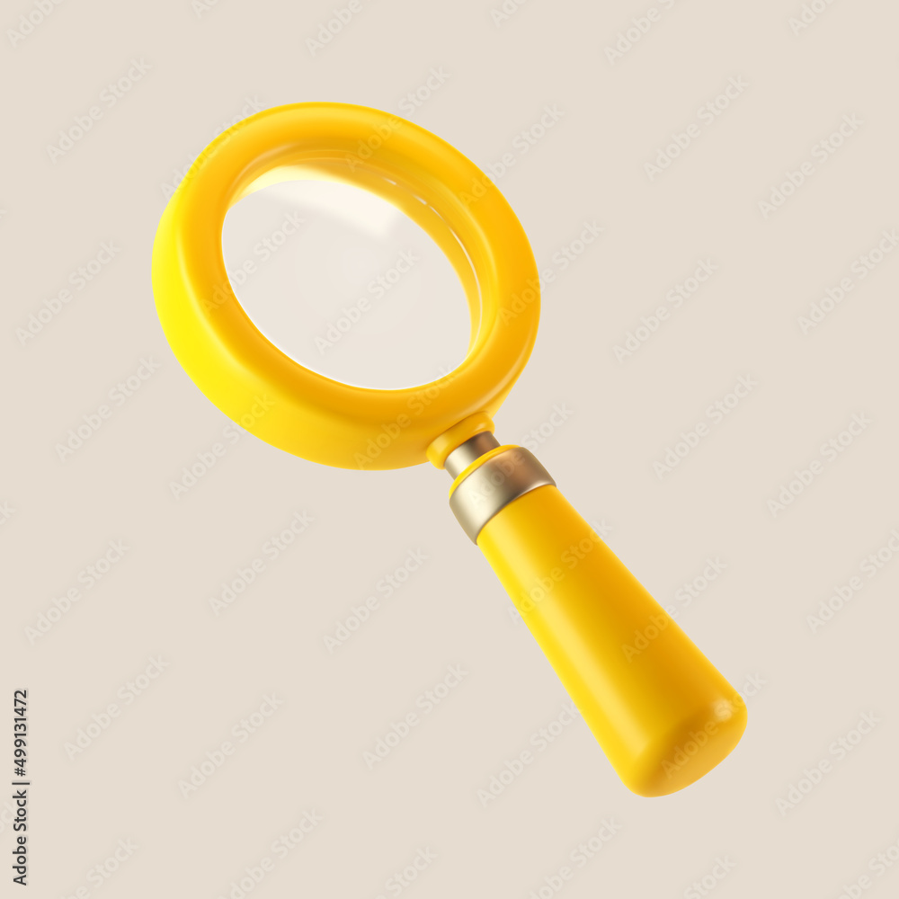 3d yellow magnifying glass icon isolated on gray background. Render ...