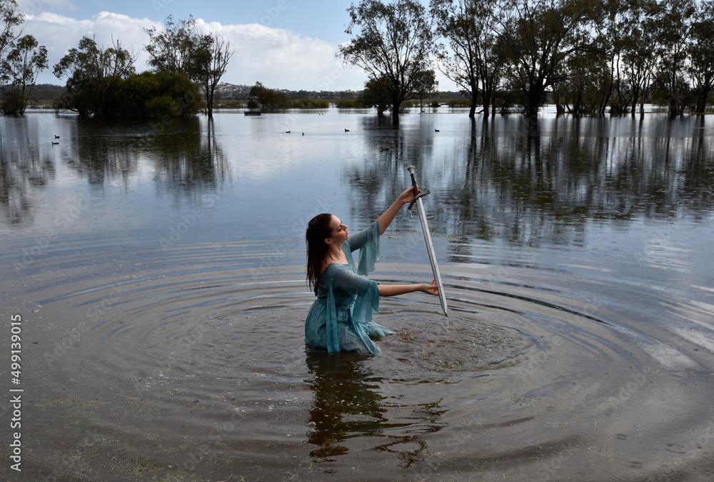 Portrait of beautiful girl wearing flowing fantasy gown in a magical ...