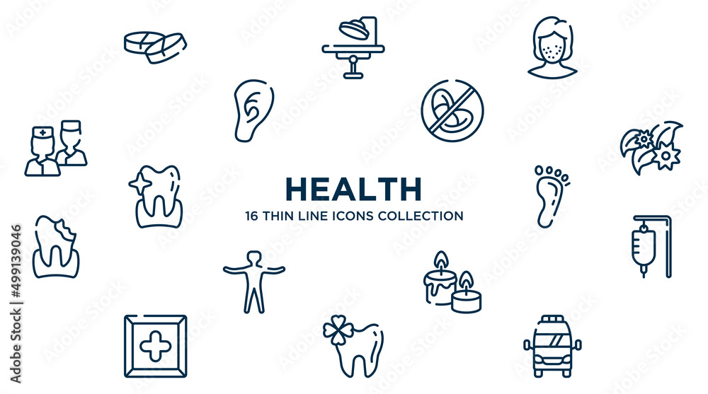 concept of 16 health outline icons such as medicine tablets, pimples ...
