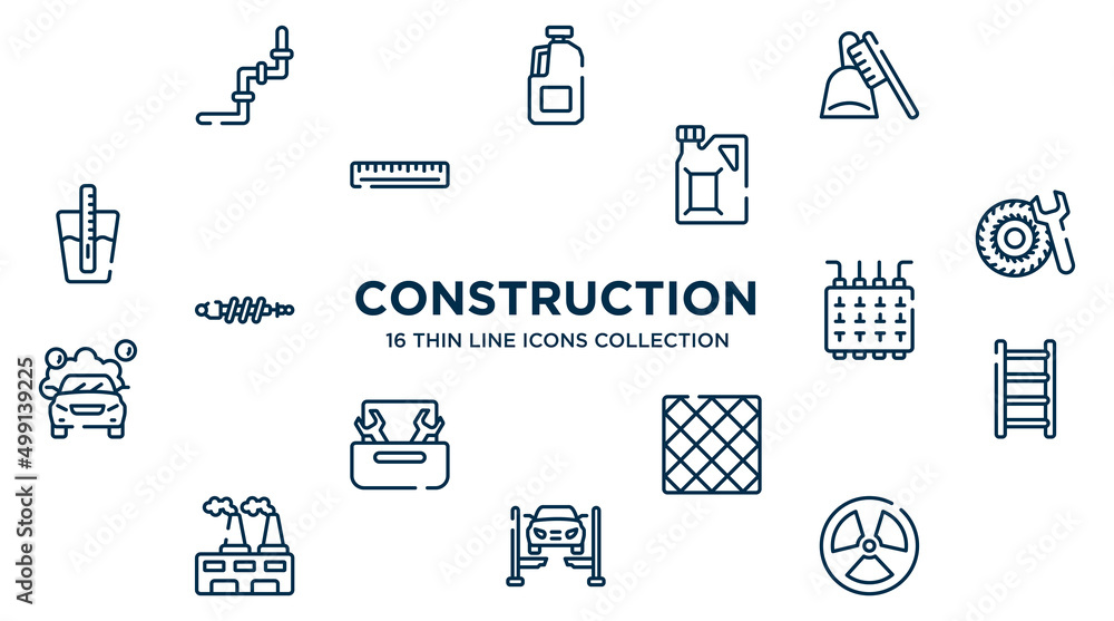 concept of 16 construction outline icons such as junction, dustpan and ...