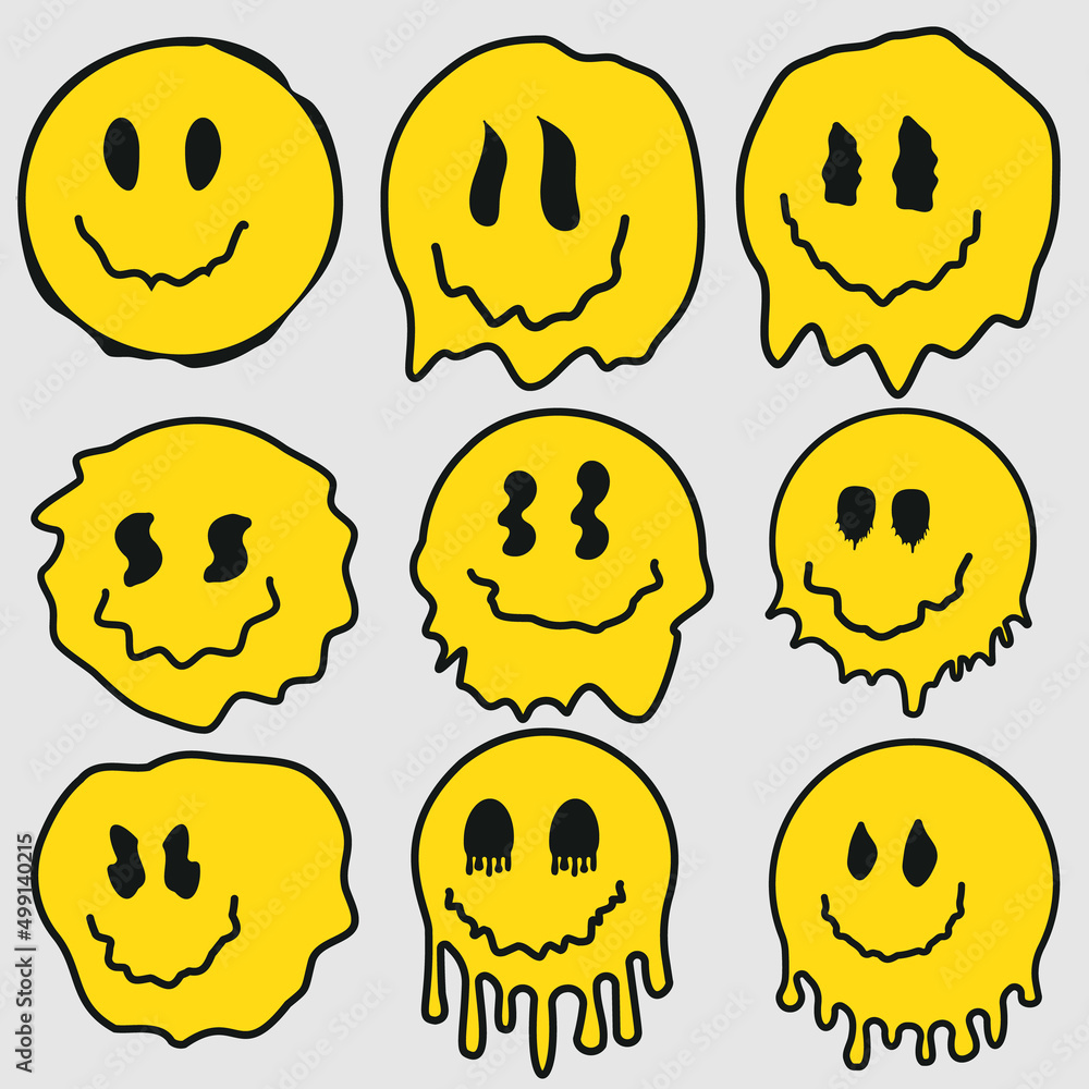 Big set distorted smile emoji isolated on white background. Stock ...