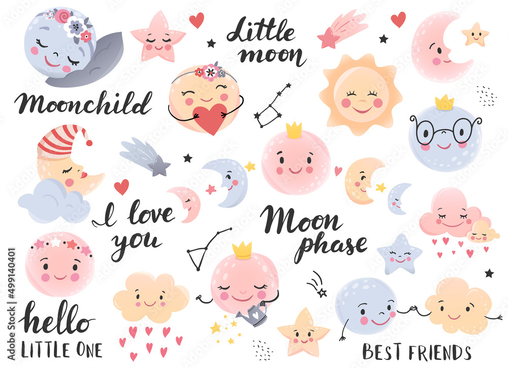 Moon clipart with cute star, clouds, sun, crescent and calligraphy ...