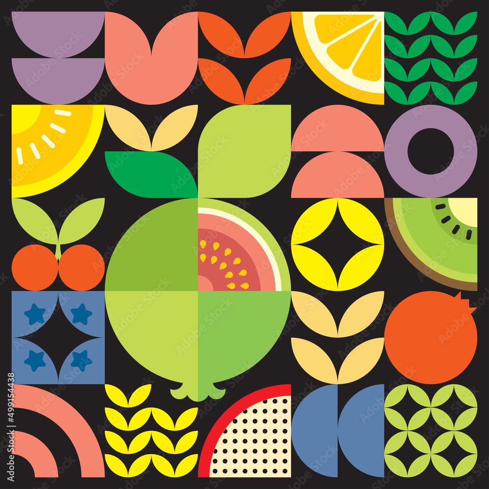 Geometric summer fresh fruit cut artwork poster with colorful simple ...