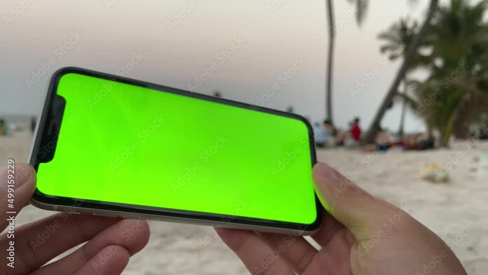 Using phone with green screen chroma key horizontal landscape close up ...