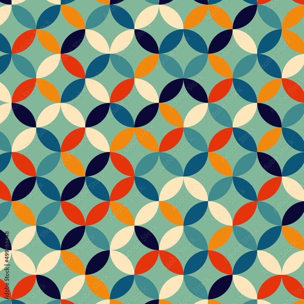 Seamless geometric bright retro overlapping circles pattern. Abstract vintage style design for ...