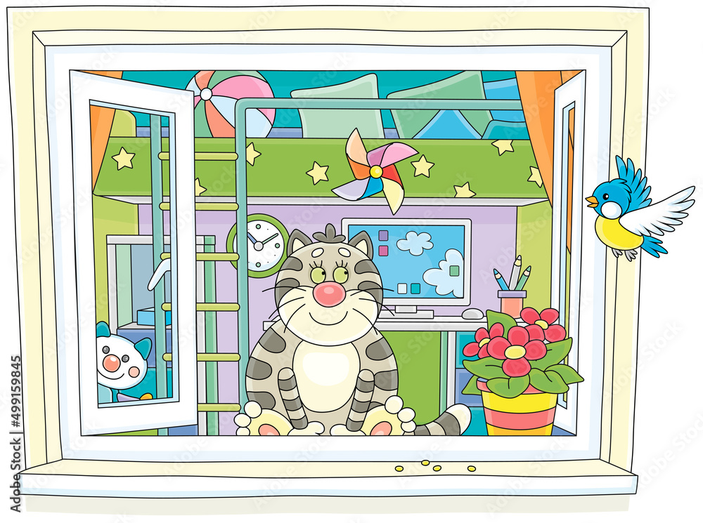 Funny plump cat friendly smiling, sitting on a windowsill of an open ...